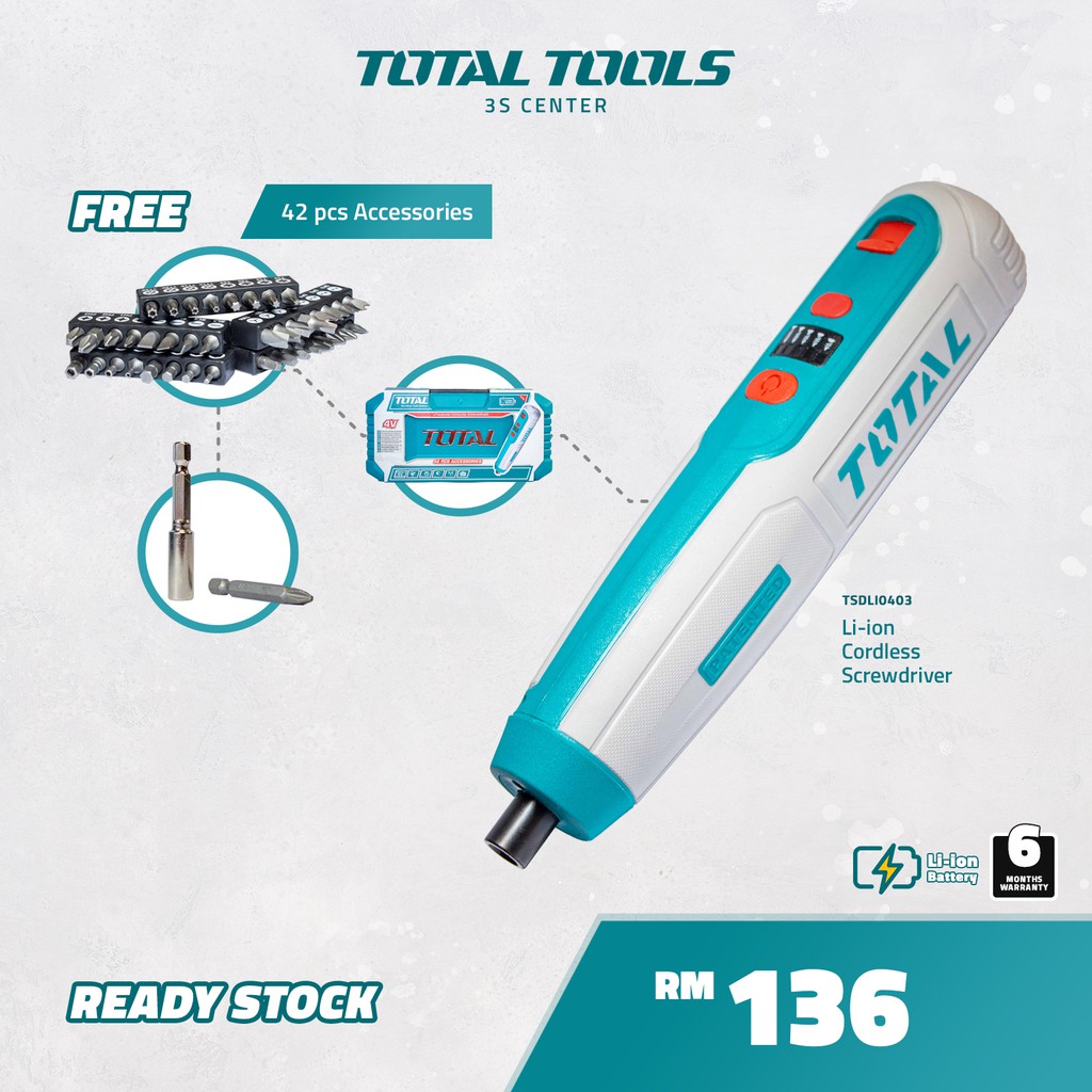 TOTAL Li-ion Cordless Screwdriver + FREE 42 pcs Accessories - TSDLI0403 | Shopee Malaysia