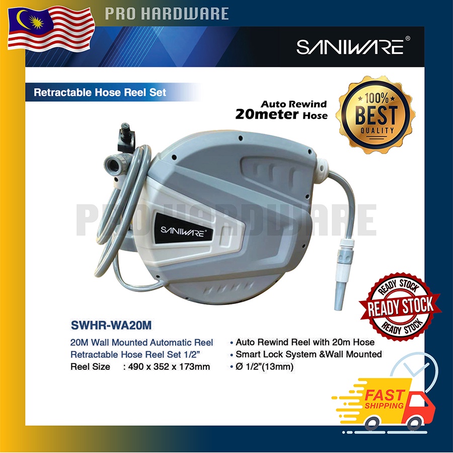 SANIWARE 20M Wall Mounted Automatic Reel Retractable Water Hose Reel ...