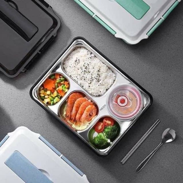 5-compartment stainless steel rice tray with spoon and chopsticks (real ...