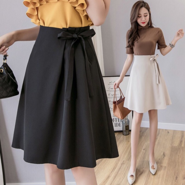 READY STOCK CHIC Style High Waist Tie Midi Skirt A-Line Casual Skirt ...
