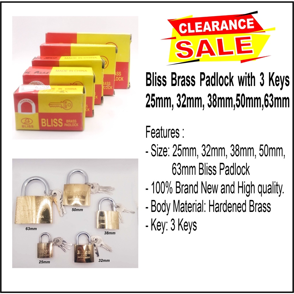 Bliss Brass Padlock with 3 Keys 25mm, 32mm, 38mm,50mm,63mm | Shopee ...