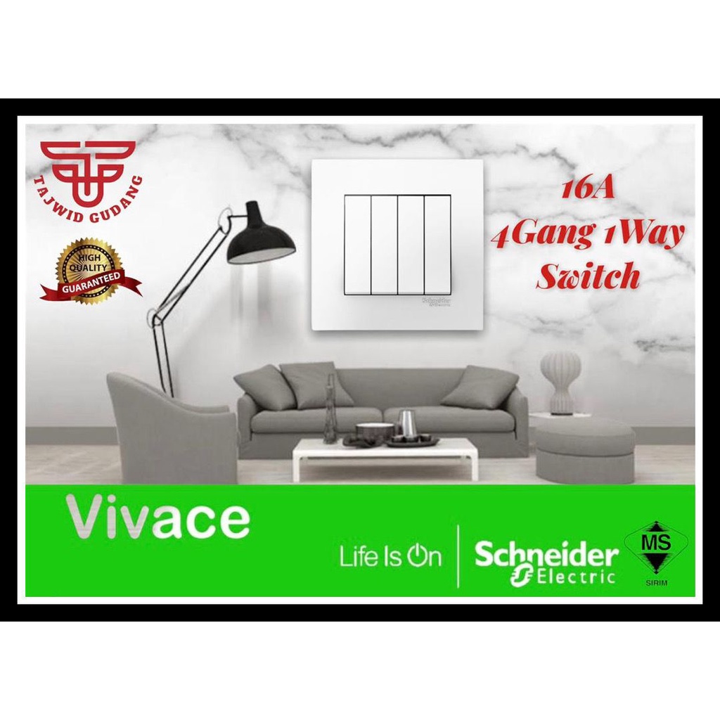 Schneider Vivace 16AX 250V 4Gang 1Way Switch - White #Indicator [Ready ...