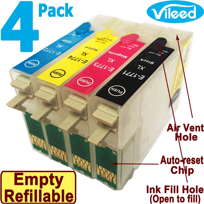Vileed 4-Pack T177 177 Refillable Ink Cartridges for Epson Express Home ...