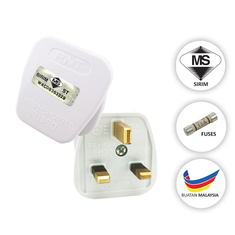 SIRIM Certified -13A White Plug Top 3 Pin Style UK Design Safety ...