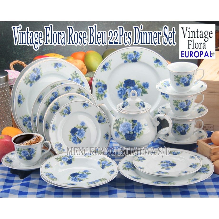 22 PC QUALITY VINTAGE BLUE ROSE PORCELAIN DINNER SET 32266 | Shopee ...