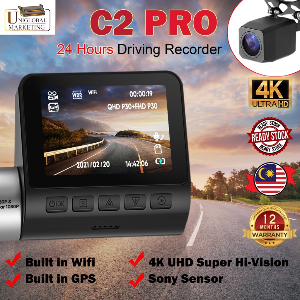 C2 PRO DUAL Dash Cam Smart Mini Ultra HD 4k WiFi 24 Hours Hidden DVR ...