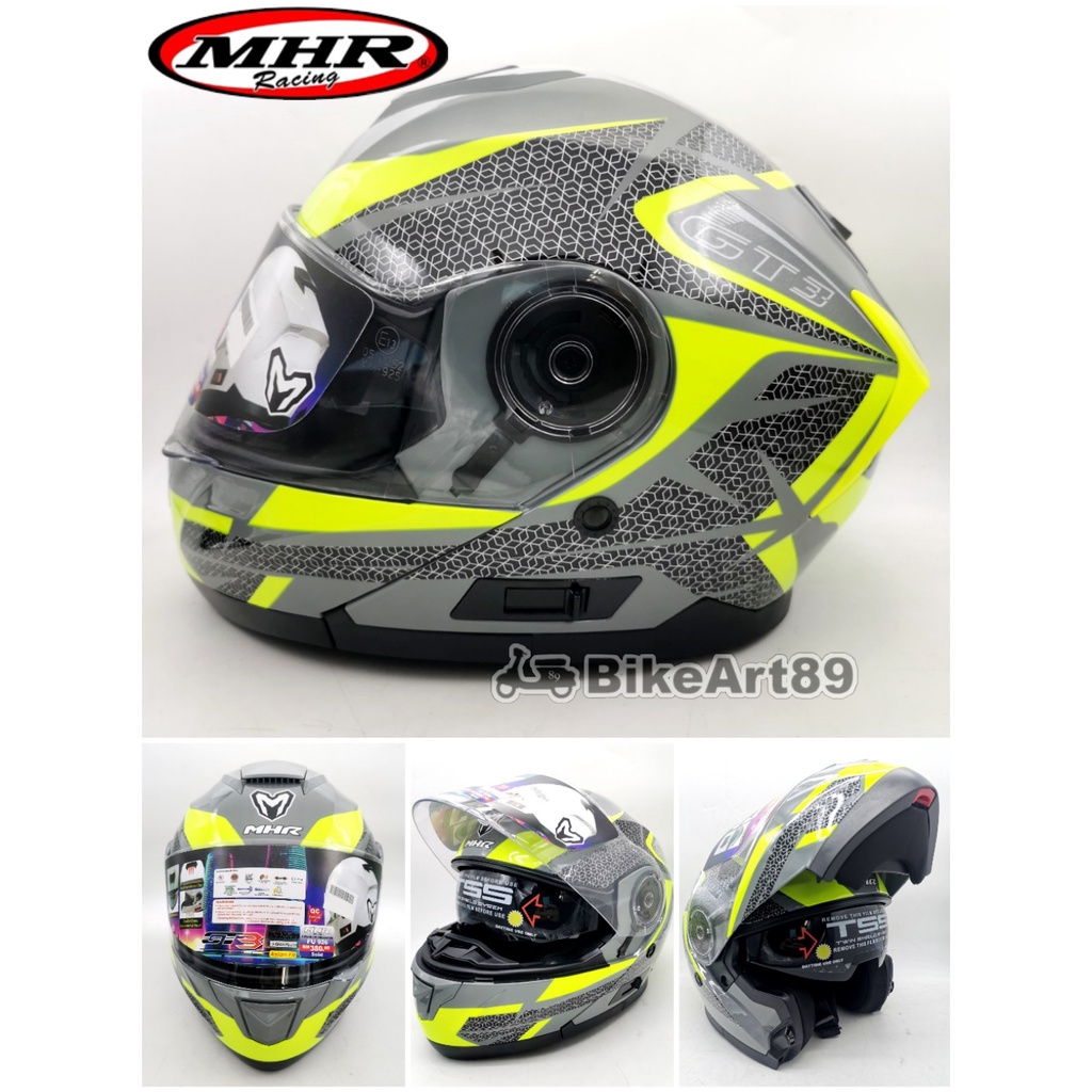 Full Face MHR Racing Helmet Flip Up Double Visor FU926 Grey Yellow R15 ...