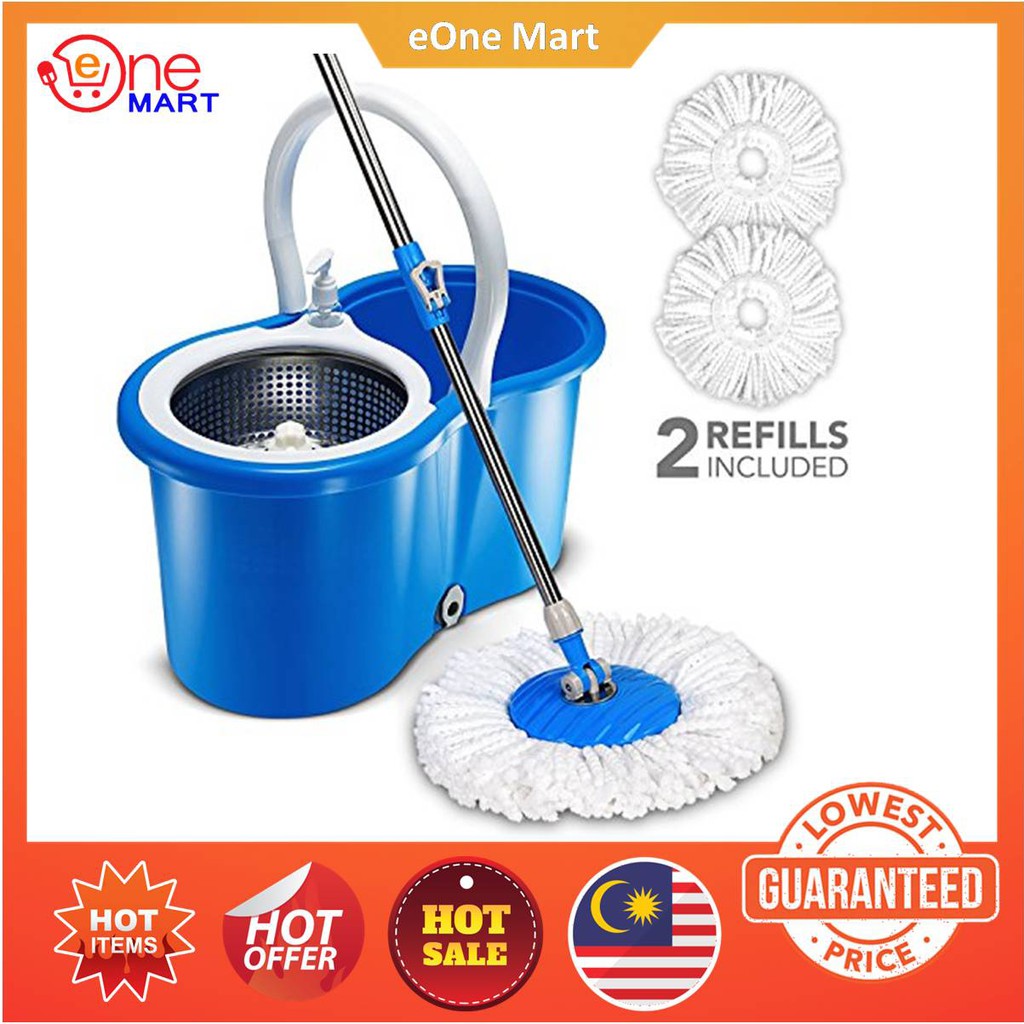 [READY STOCK] Easy Spin Mop with Wheels & Stainless Steel Basket (2 Mop ...