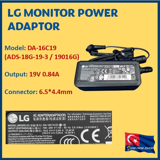 ORIGINAL LG MONITOR POWER ADAPTOR 19V 0.84A for LG ADS-18SG-19-3 19016G ...