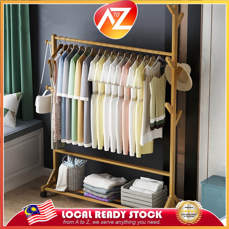 A To Z Cloth Rack Bamboo Wooden Rolling Coat Rack Multifunctional ...
