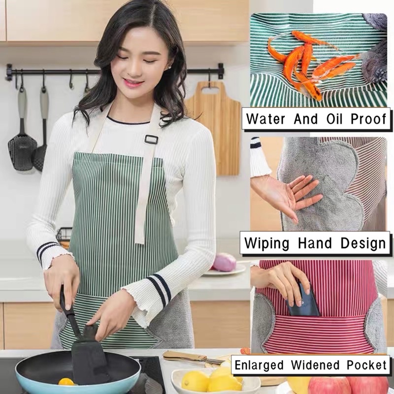 Kitchen Waterproof Oilproof Oxford Cloth Pocket Striped Apron Can Wipe ...