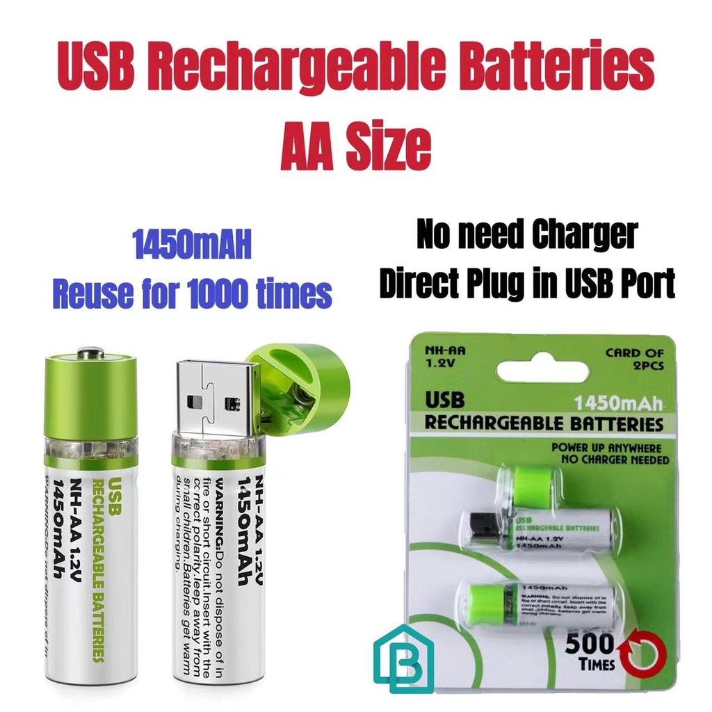 AA USB Rechargeable Battery 1.2V 2pcs/pack 1450mAH No Need Charger ...
