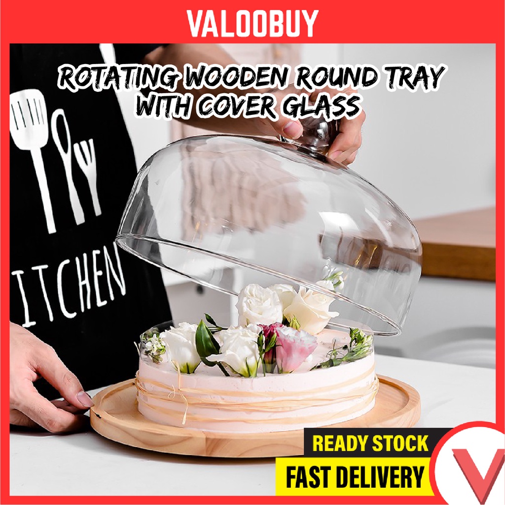 Wooden Round Cake Tray With Cover Glass Dessert Serving Tray Wood ...