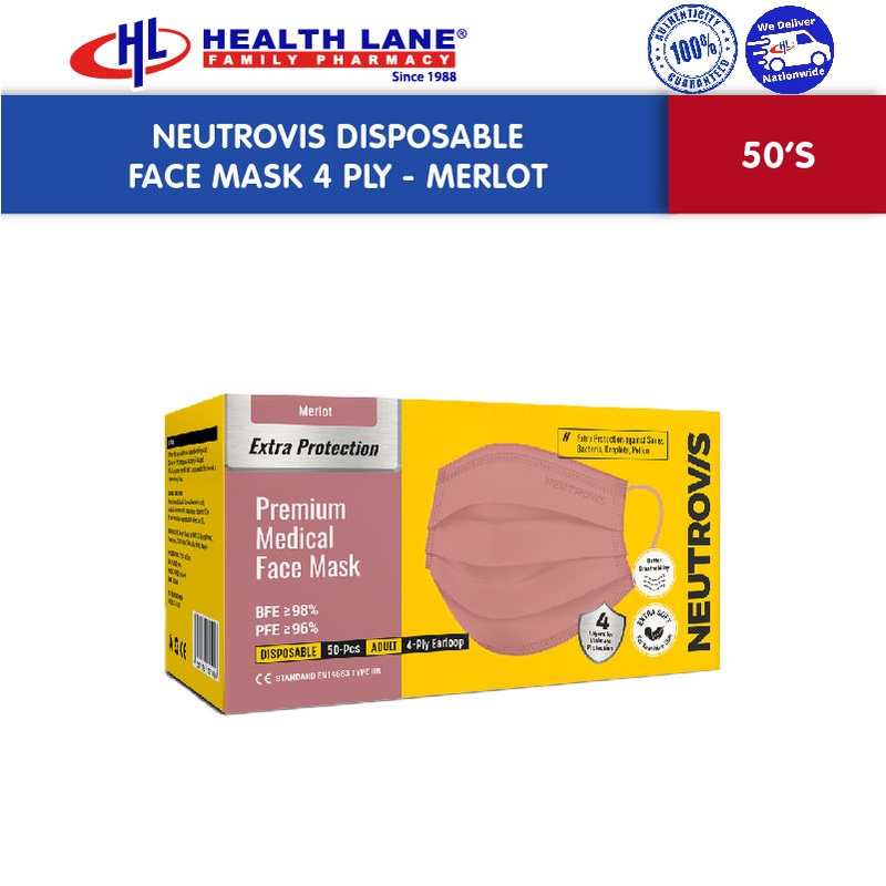NEUTROVIS Disposable Face Mask 4 Ply Earloop - Merlot Pink (50's ...