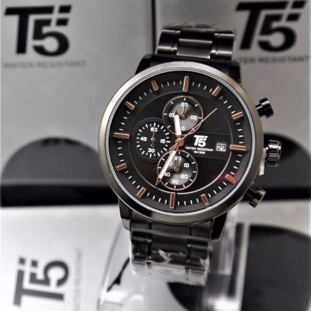🔥 T5 Men's Chronograph Stainless Steel Business Watch Black Dial Black ...