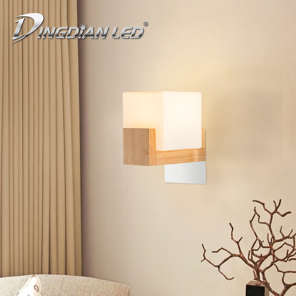 Dingdian LED Solid Wood Wall Light AC220V E27 Glass Simple Lampshade ...