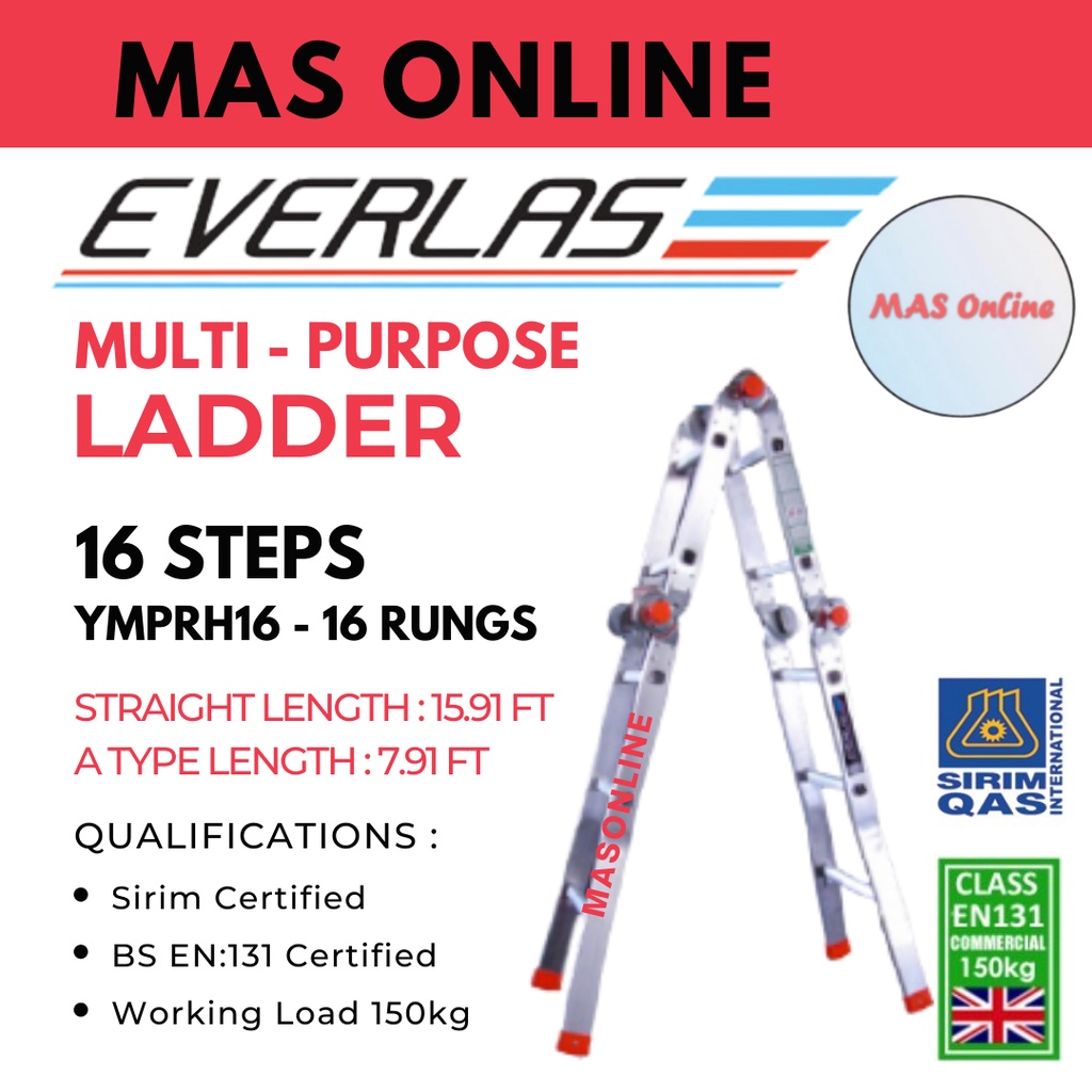 (Sirim) EVERLAS Tangga Lipat 16 Steps Multipurpose Ladder Multi purpose ...