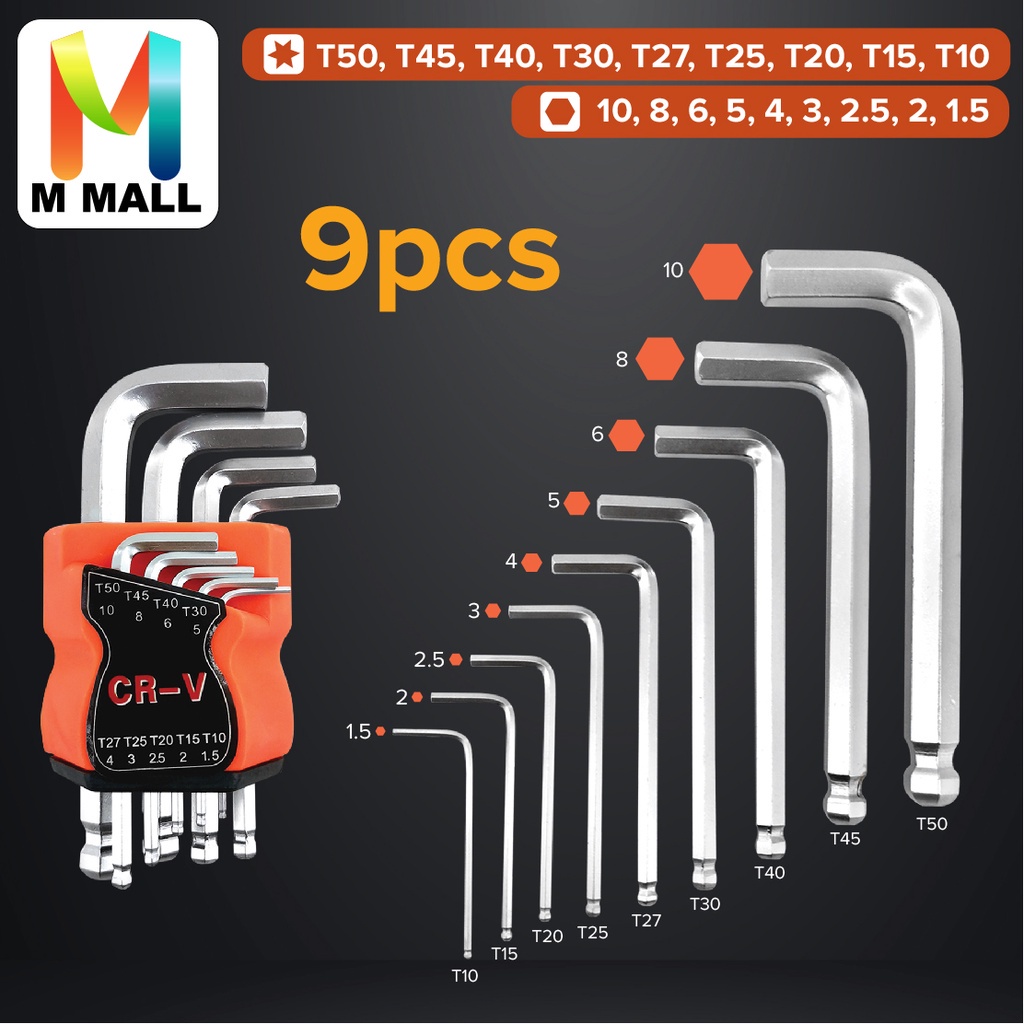 M MALL Hex Key Ball Point Set Chrome-Vanadium Steel CRV Allen Key Set ...