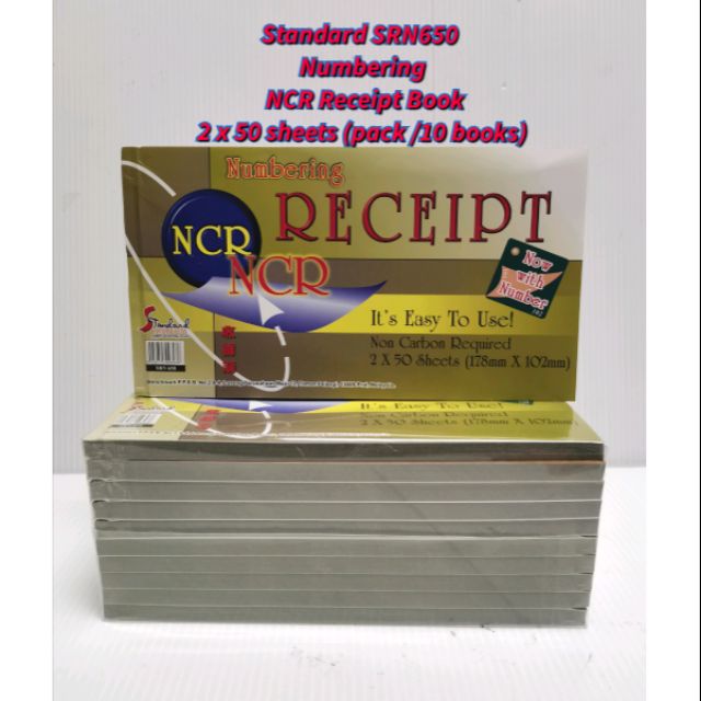 Standard SRN650 Numbering NCR Receipt Book 2 x 50 sheets (Pack /10 ...