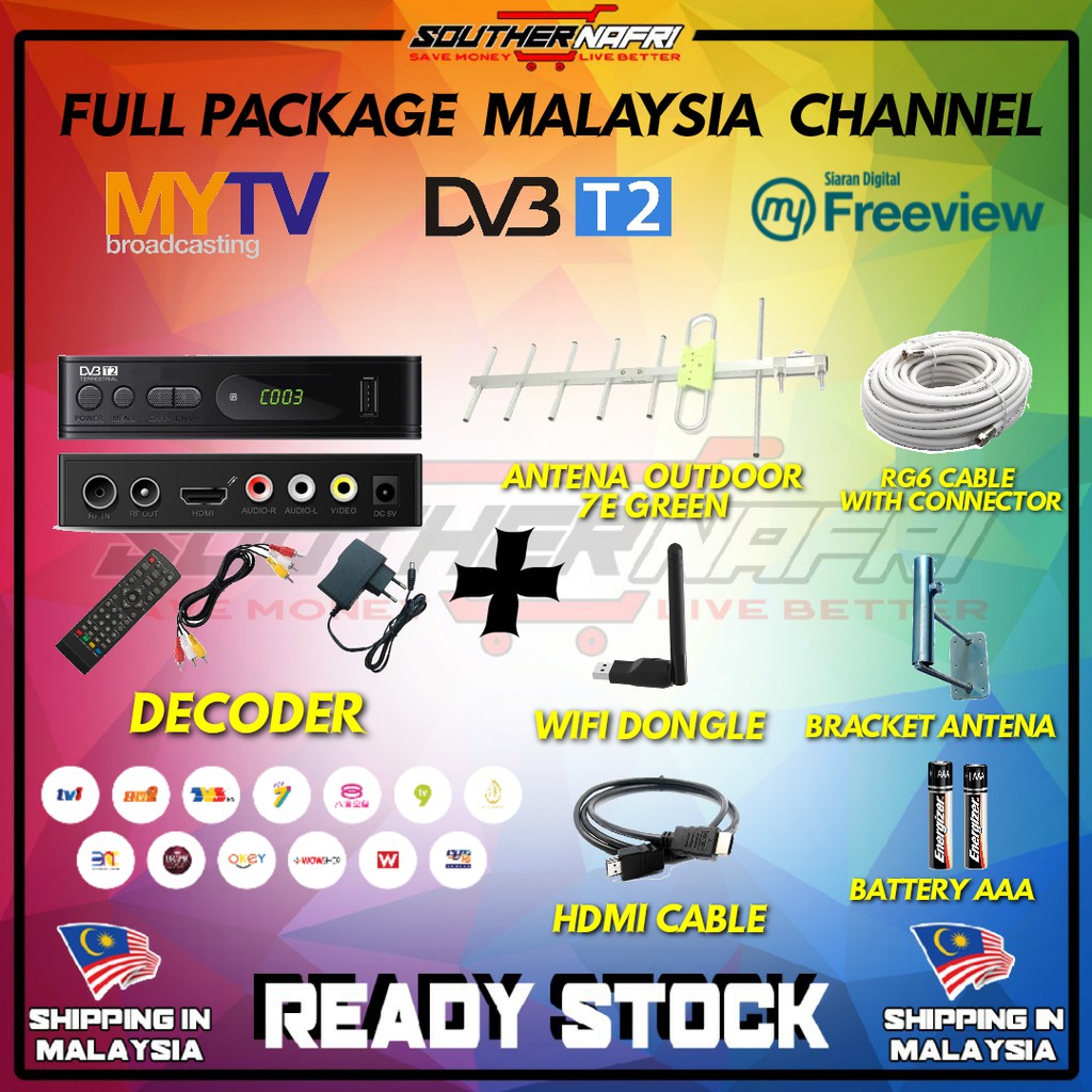 FULL PACKAGE DECODER + ANTENA OUTDOOR 7E 60-80KM HDTV BOX CHANNEL MYTV ...