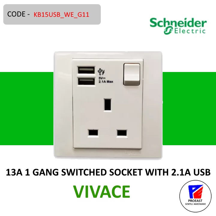 SCHNEIDER Electric Vivace 13A 1 Gang Switched Socket With 2.1A USB ...