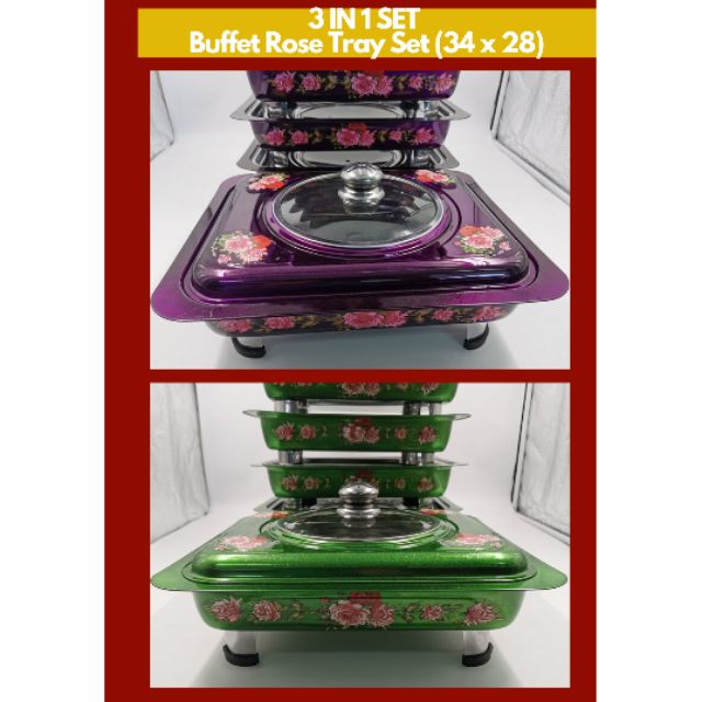🔥🔥(3IN1) 34X28 RECTANGLE BUFFET FOOD TRAY SET BUNGA ROSE / BEKAS TRAY ...