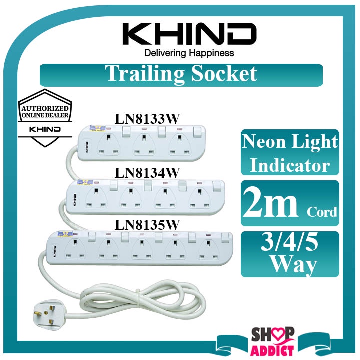Khind Trailing Socket 3/4/5Way With 2m Cable LN8133W/ LN8134W/ LN8135W ...