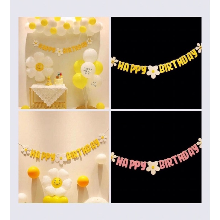 Happy birthday hanging string with white daisy theme, felt fabric for ...