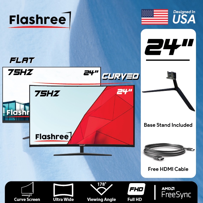 Gaming Monitor 24 Inch Full HD 75Hz Curved/Flat Monitor LED Borderless ...