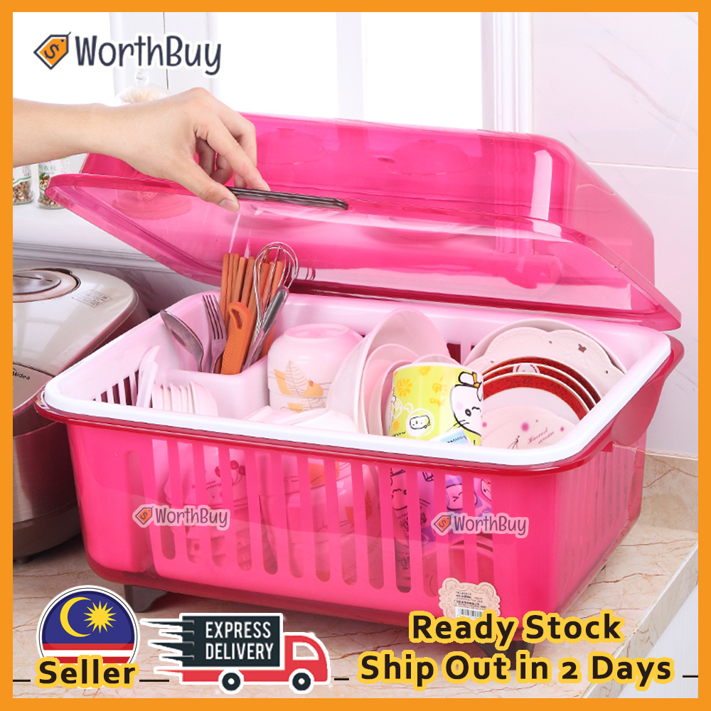 Worthbuy PP Dustproof Dish Drainer Plate Rack Kitchen Organizer Storage ...