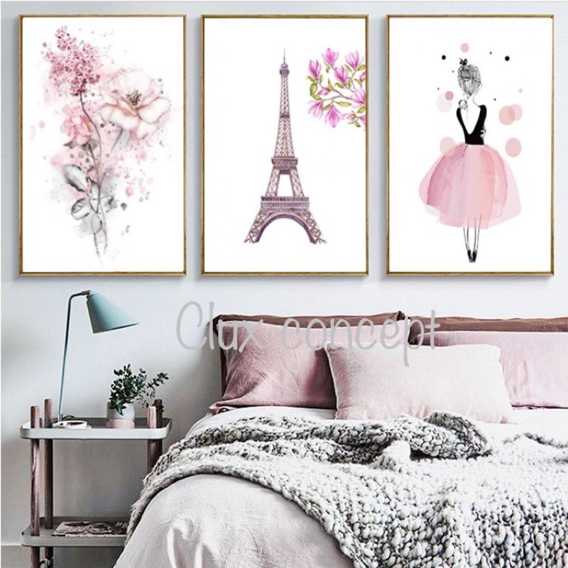 (Set of 3 with framed) Nordic small fresh pink princess girl canvas ...