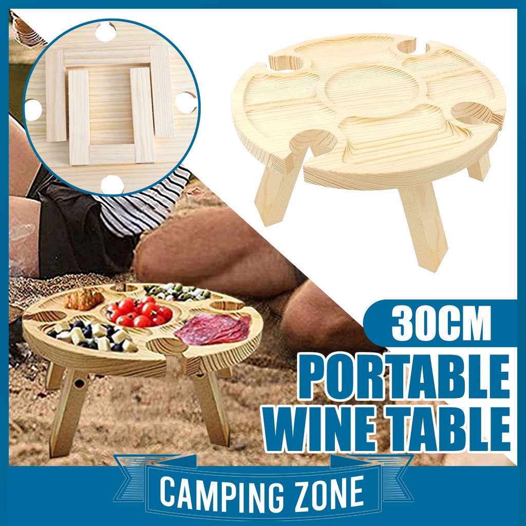 30cm Wooden Foldable Picnic Round Table With Wine Rack Glass Holder ...