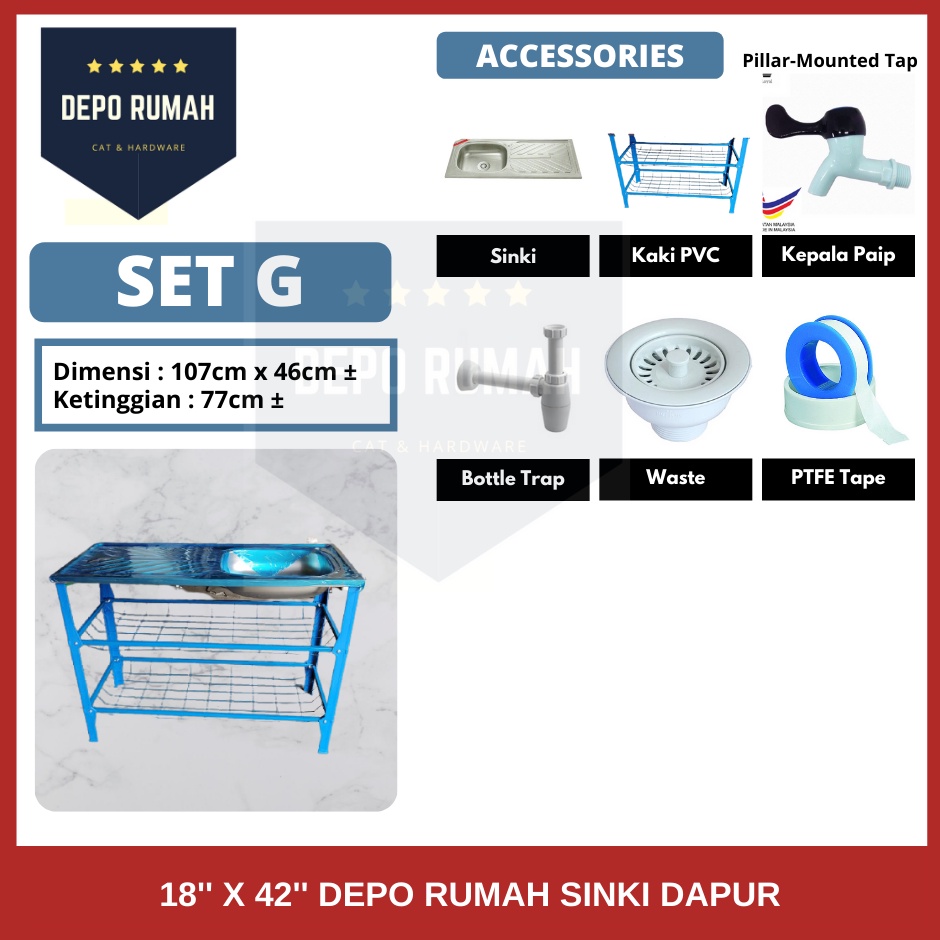 18" x 42" Sinki Dapur Stainless Steel Sink With Sink Stand Complete Set ...