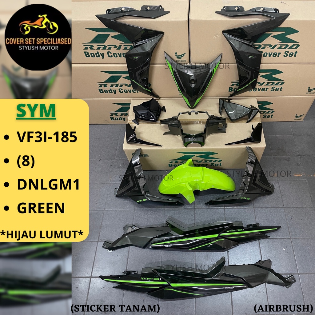 (STICKER TANAM/AIRBRUSH) RAPIDO COVER SET SYM VF3 ABS LE V1 V2 V3 VF3I-185 (8) DNLGM1 GREEN ...