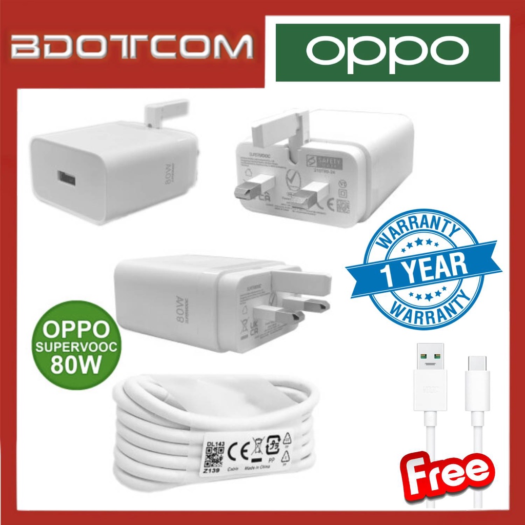 OPPO SUPERVOOC 80W 3 Pin UK Fast Charger Plug With USB-C Cable | Shopee Malaysia
