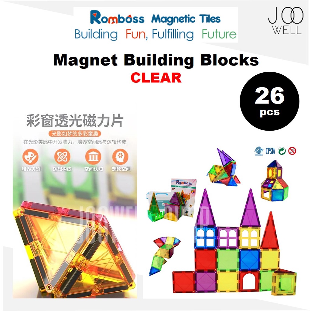 Romboss 26pcs CLEAR Magnetic Building Blocks Tiles Magnet Stacking ...