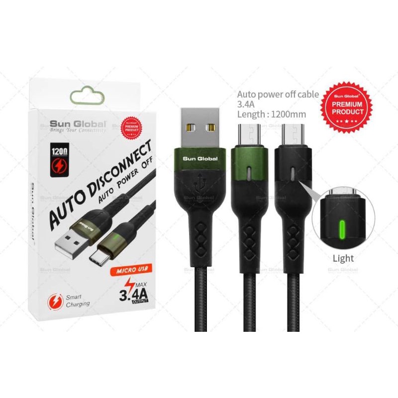 🇲🇾Sun Global Auto Power Off Cable 3.4 (SGC172) Micro/Ligthing/Type-C ...
