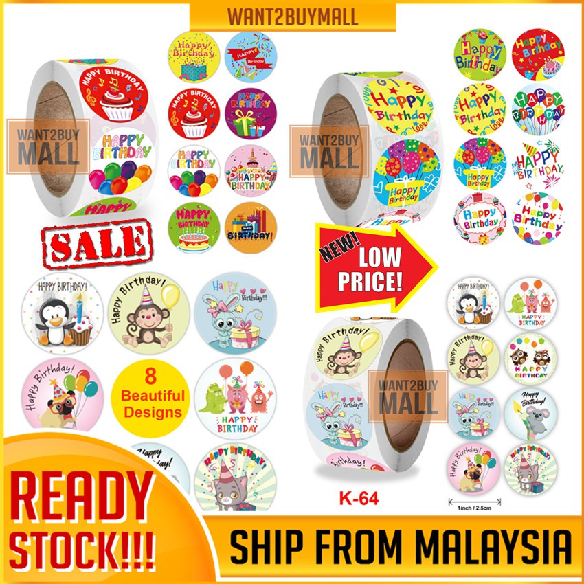 🇲🇾 500pcs/roll Happy Birthday Sticker Label Tag Party Gift Pelekat ...