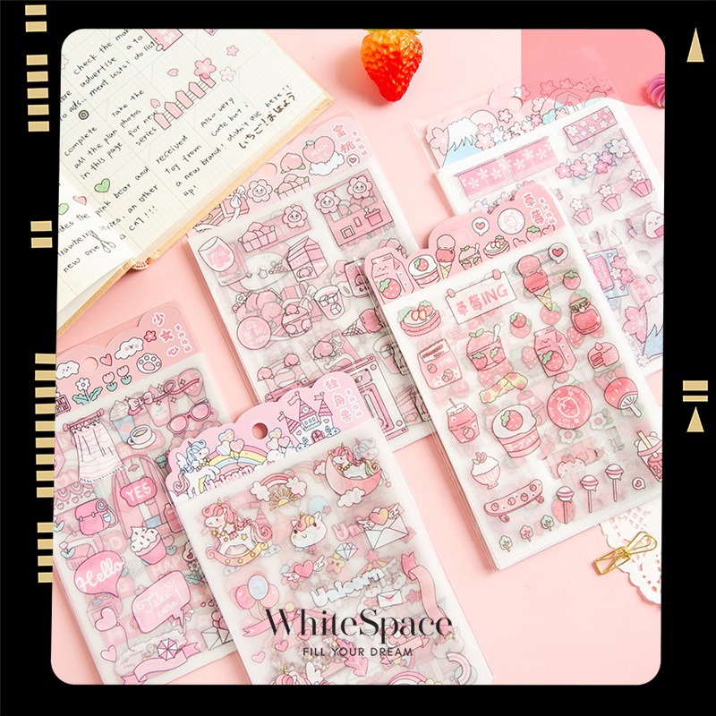 WhiteSpace 4 sheets/pack Pinky Series Frosted Cute PET Stickers ...