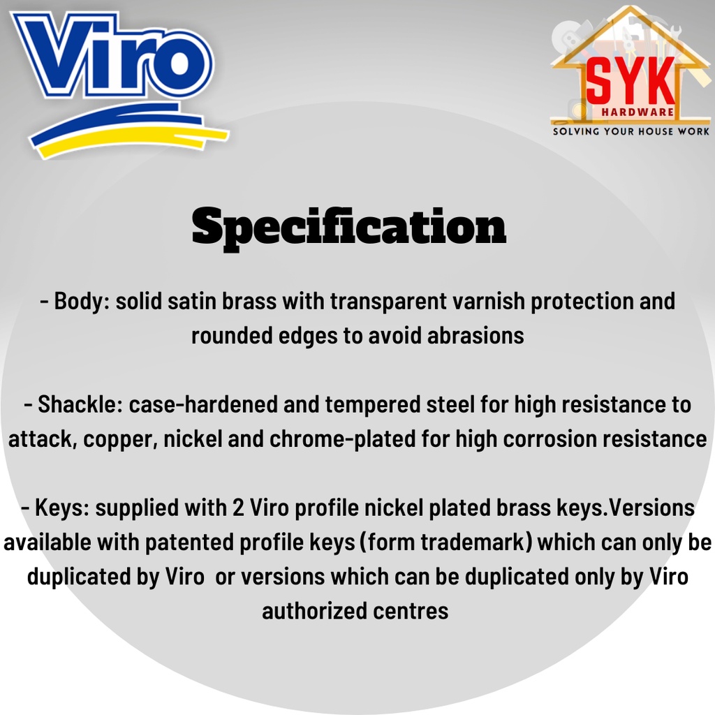 SYK VIRO Cylinder Brass Padlock (50mm/60mm/70mm/80mm) With Original ...