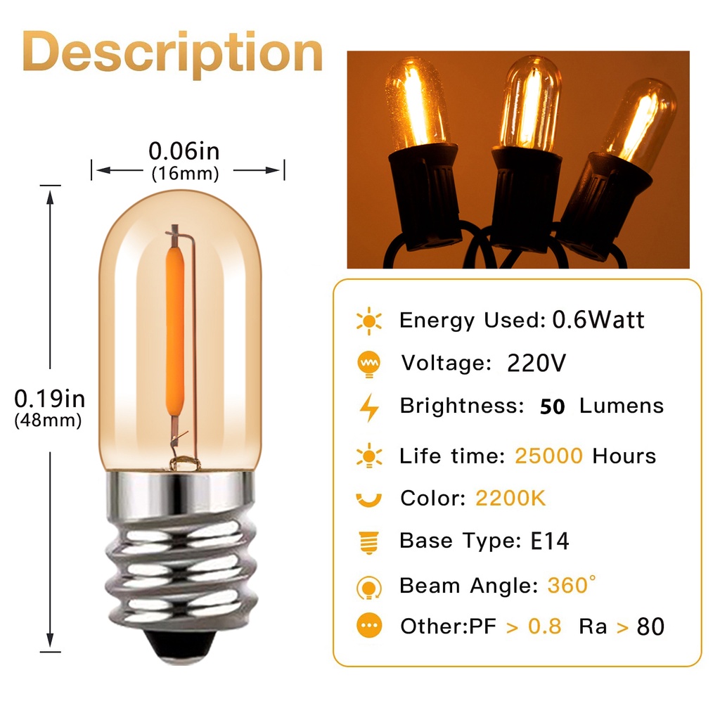 E12 E14 LED Filament Light Bulb T16 0.6W Edison Bulb 220V Energy Saving LED Lamp Bulb Dimmable ...