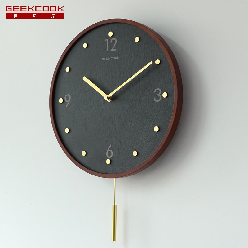 Slate Stone Wall Clock Brass Scale Luxury Curved Wood Frame Pendulum ...