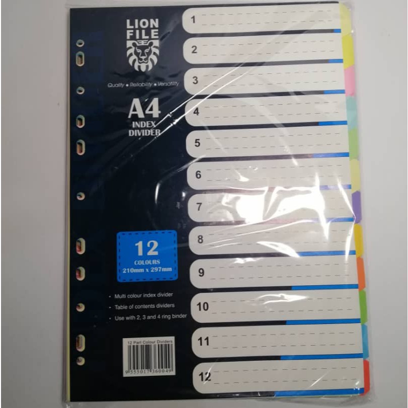 🔱Lion File A4 Index Divider Index Seperator Paper Type 4Sets (12Colors ...