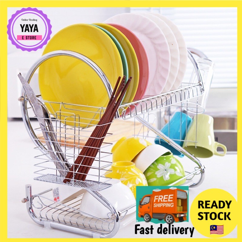 Ready 🇲🇾 STAINLESS STEEL DISH RACK DRAINER 2 LAYER RAK PINGGAN RAK ...