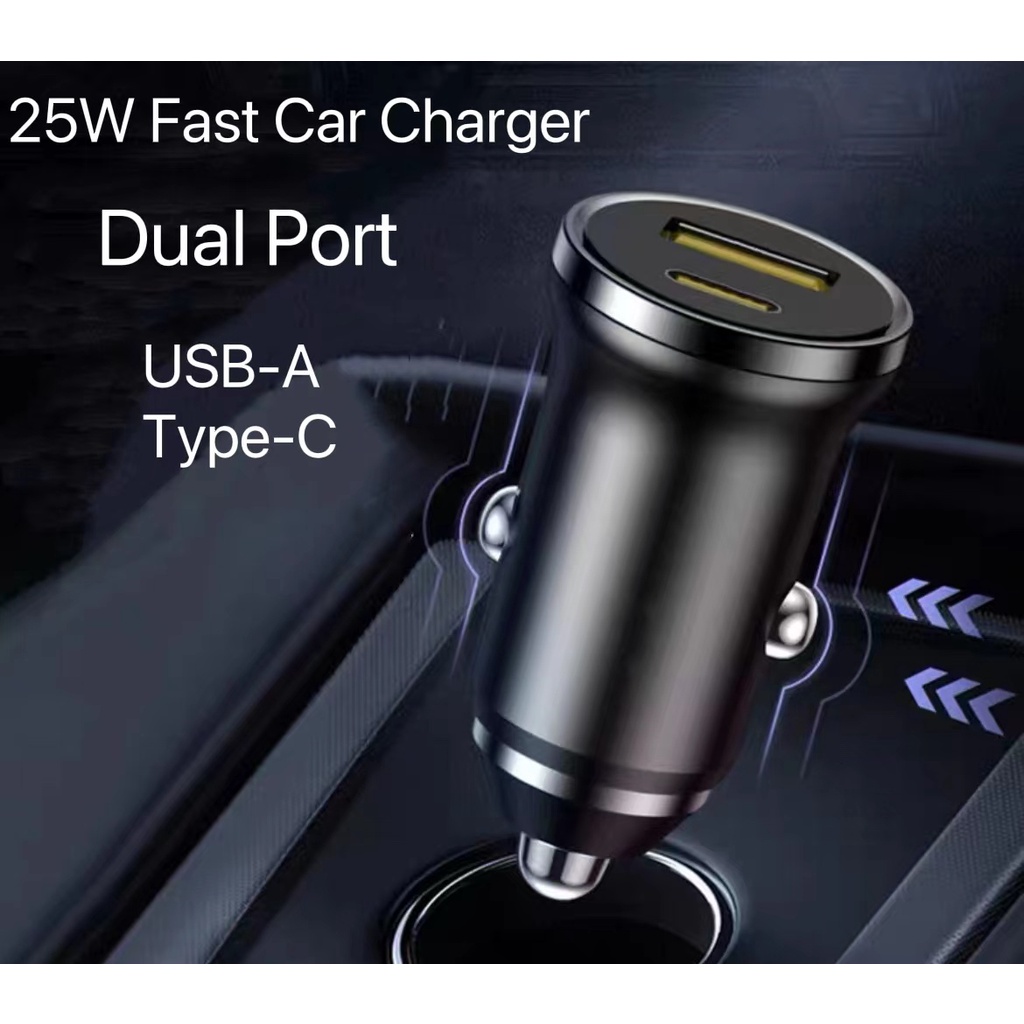 Car Charger 25W Dual port Type C USB-C USB-A Aluminum Metal Fast ...