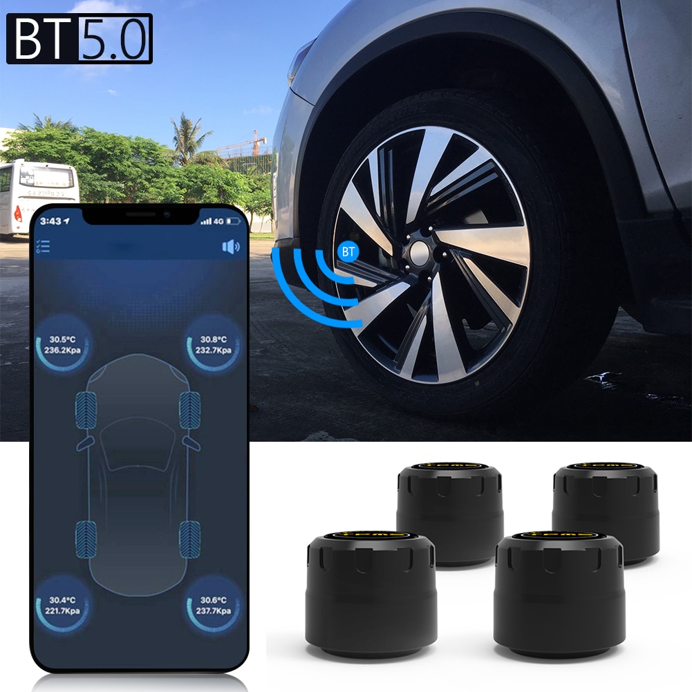 Bluetooth 5.0 TPMS External Car Tire Pressure Monitor System with 4 Sensors for IOS Android ...