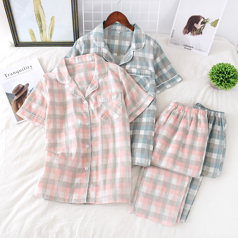 [Ready Stock] 100% Cotton Gauze Short Sleeve Trouser Plaid Pajama Set ...