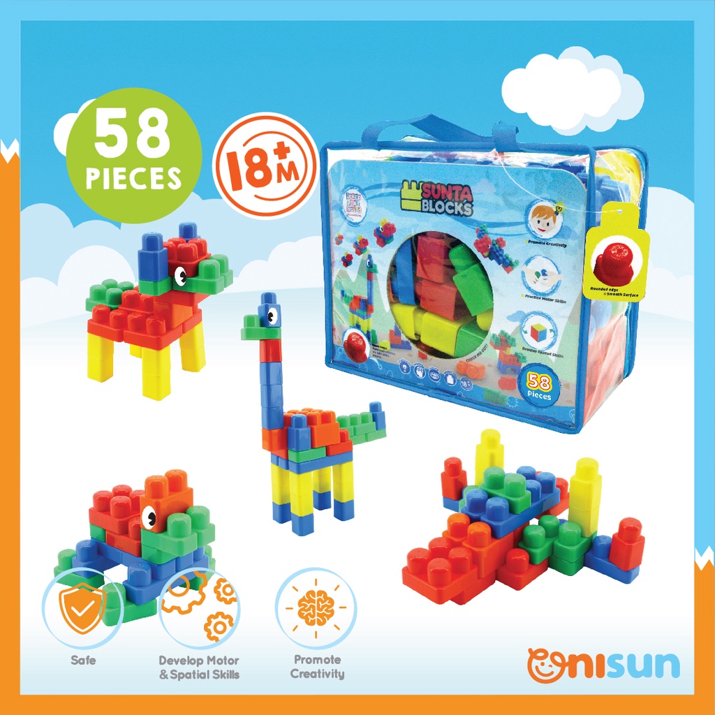 SUNTA 58pcs Kids Mega Building Blocks Set–Safe Rounded Edges Easy Grip Educational Toy (Mainan ...