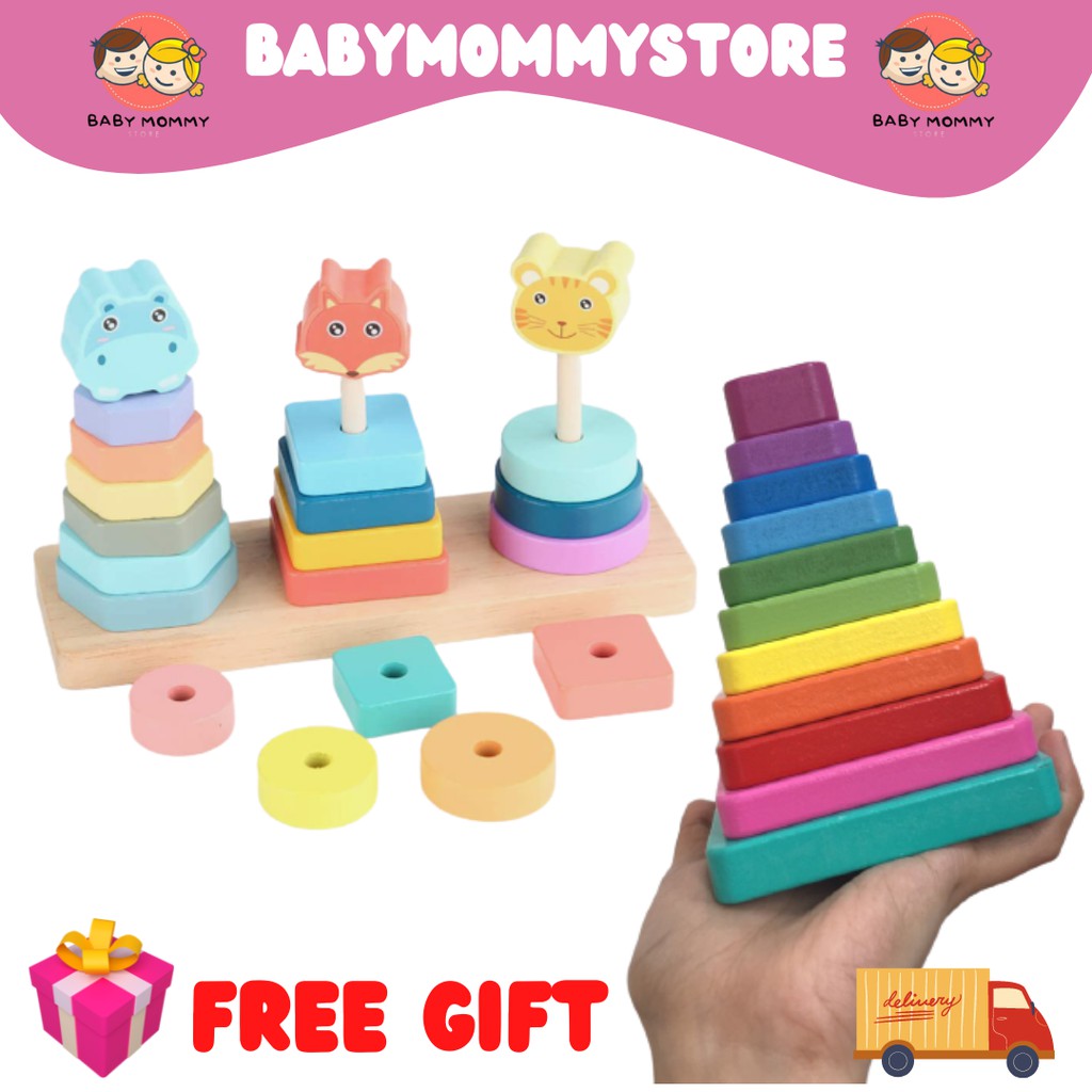 Mainan Kayu Baby Wooden Rainbow Animals Geometric Shape Tower Blocks ...