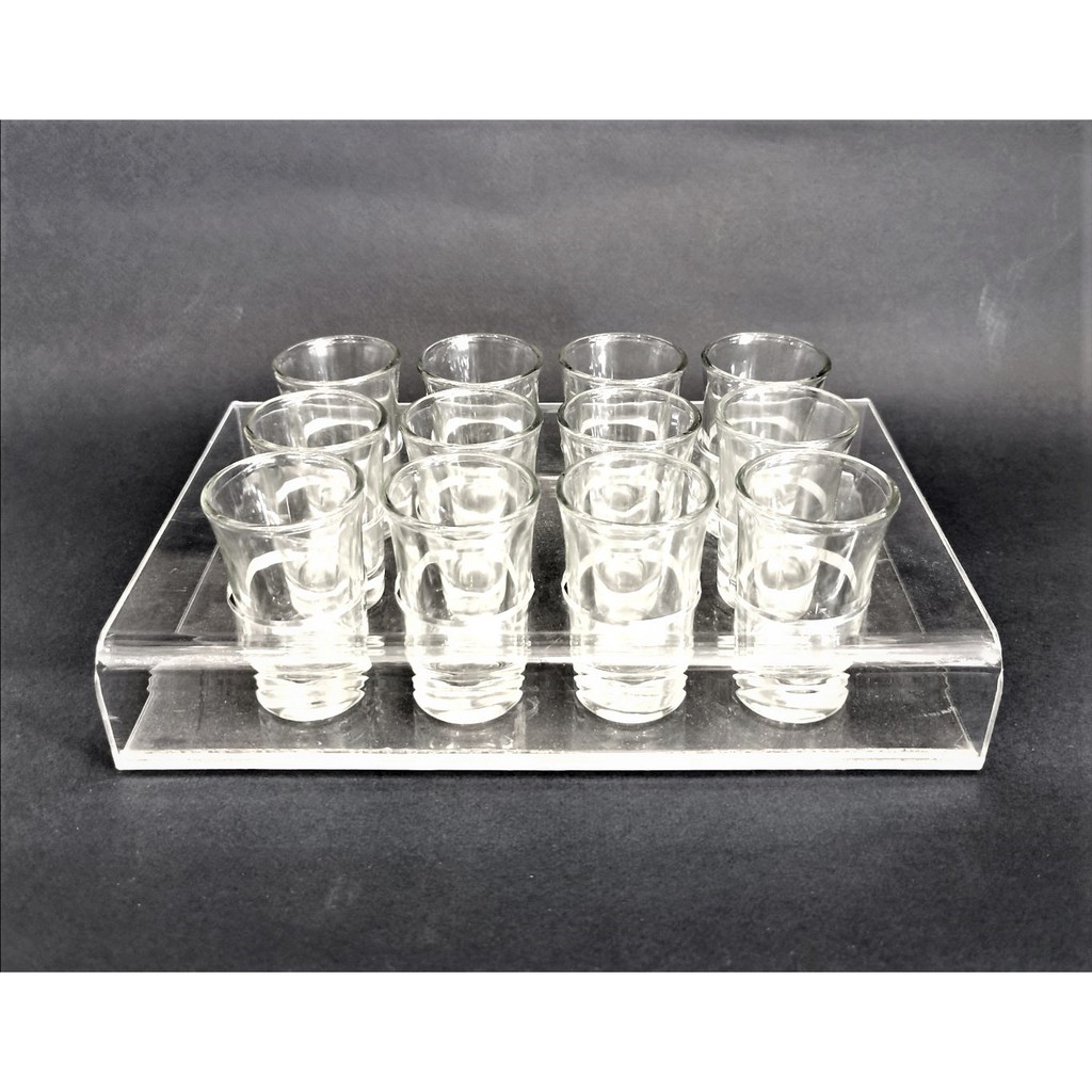 12 Hole (S) Acrylic Shooter Tray with 12 pcs Shot Glass 0.75 oz (23 ml ...